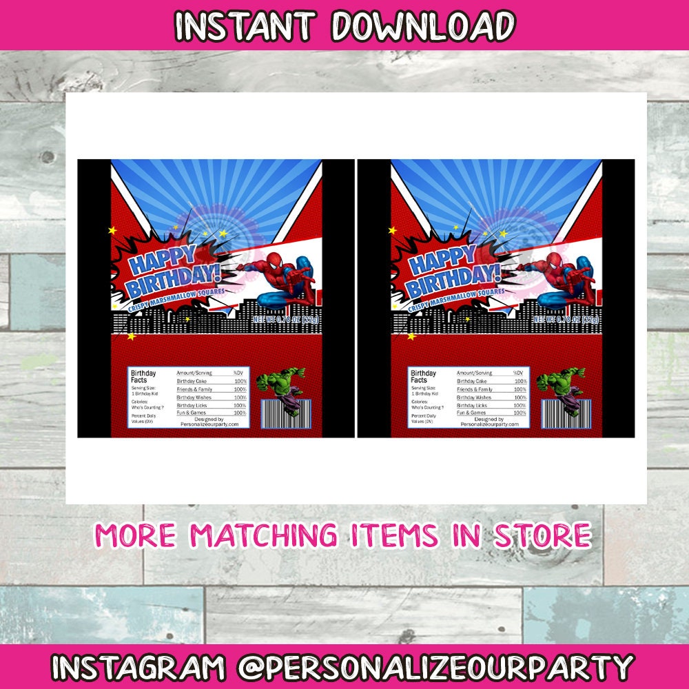 INSTANT DOWNLOAD Spider man rice krispy treat wrapper-spider man party ...